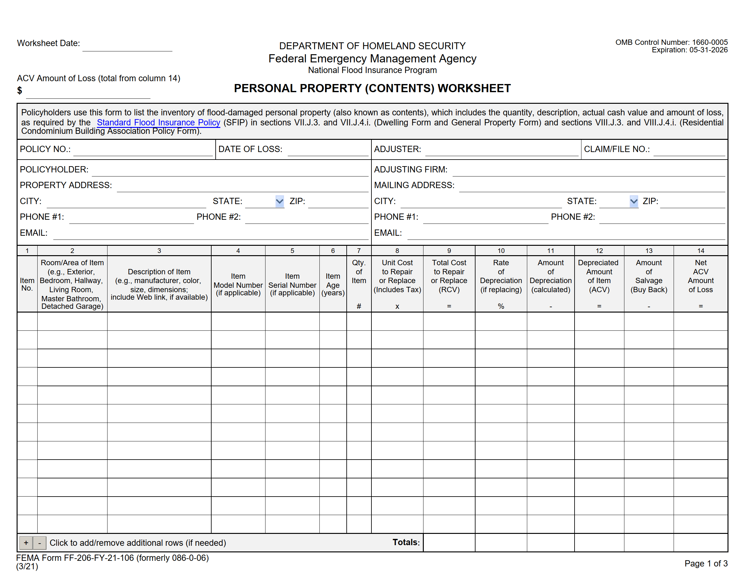 Flood Contents Worksheet (FEMA) - ClaimSpot Free Download